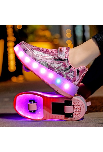 SITONG 4 Kasnak LED Renk Değiştirme Açık Pembe Paten Çocuk Ayakkabı USB Şarj (Yurt Dışından)