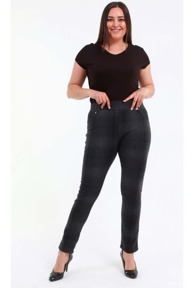 Siyezen Büyük Beden Ekoseli Kışlık Likralı Antrasit Tayt Pantolon