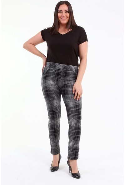Siyezen Büyük Beden Ekoseli Kışlık Likralı Gri Tayt Pantolon