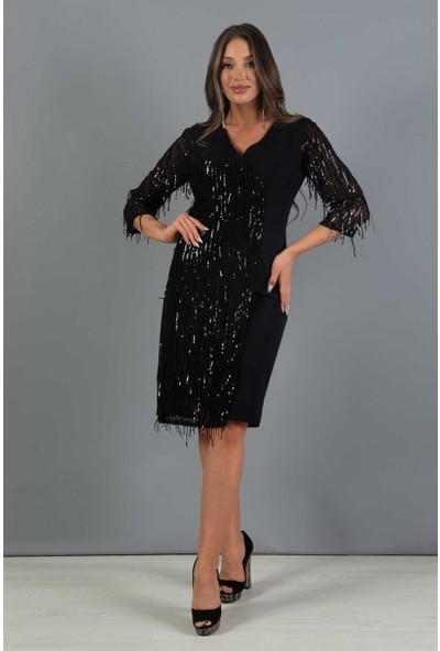 Carmen Siyah Saçaklı Payet Dekolteli Kısa Abiye Elbise
