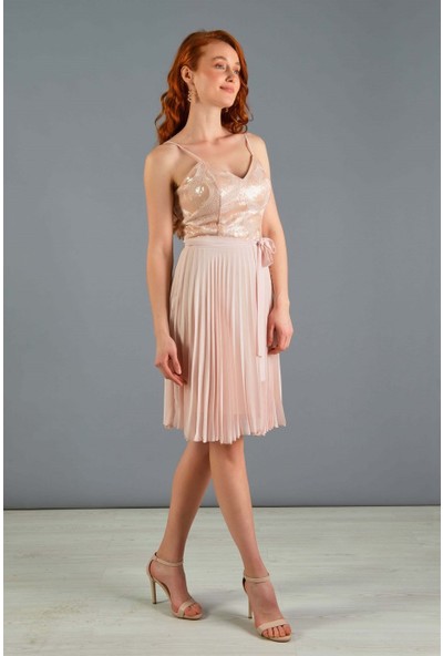 Carmen Pudra Payet Işlemeli Kurdelalı Kısa Mezuniyet Elbisesi
