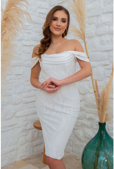 Carmen Ekru Dantel Saten Kollu Kısa Nikah Abiye Elbise