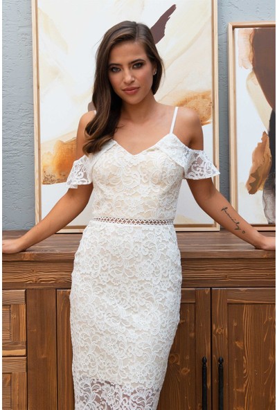 Carmen Ekru Brode Güpürlü Askılı Nikah Elbisesi