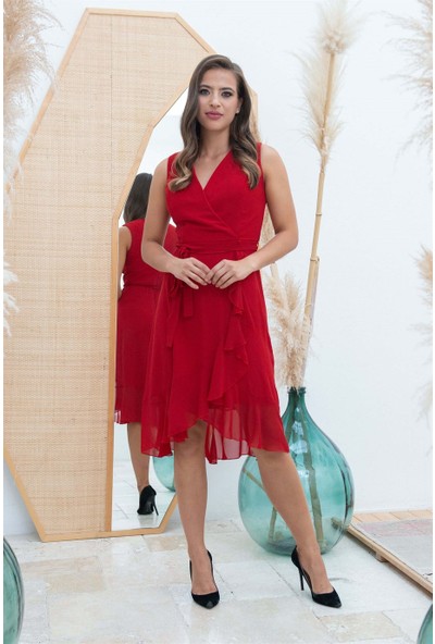 Carmen Kırmızı Şifon Eteği Volanlı Kurdelalı Kısa Abiye Elbise