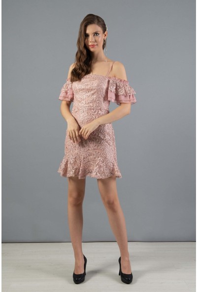 Carmen Pudra Düşük Omuz Dantelli Nikah Elbisesi