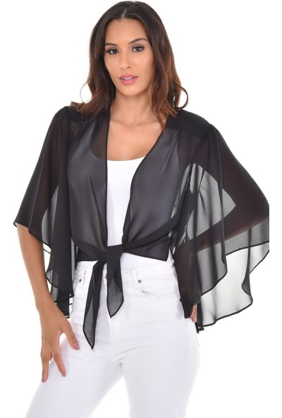 Disentis Modest Önden Bağlamalı Volanlı Geniş Kollu Büzgülü Robalı Şifon Siyah Bolero