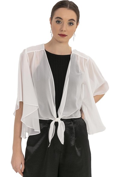 Disentis Modest Önden Bağlamalı Volanlı Geniş Kollu Büzgülü Robalı Şifon Beyaz Bolero