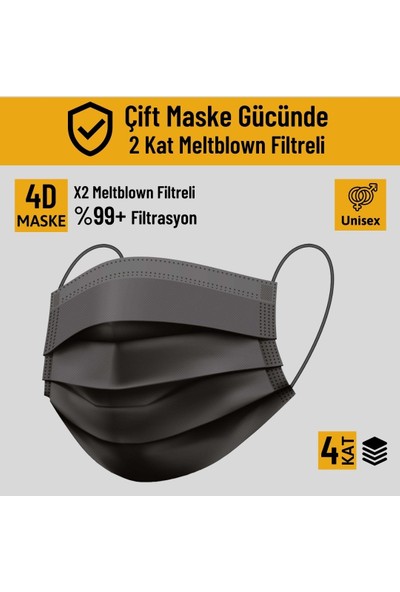 Mutlu Maske Çift Maske Gücünde 4 Katlı Çift Meltblown Filtreli Telli Rahat Kulaklı 4d Siyah Cerrahi Maske 20'li Mutlu Maske Çift Maske Gücünde 4 Katlı Çift Meltblown Filtreli Telli Rahat Kulaklı 4d Siyah Cerrahi Maske 20'li