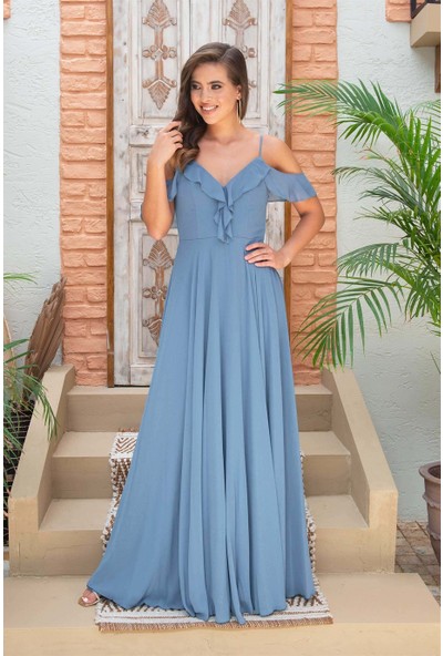 Carmen Indigo Şifon Göğsü Volanlı Uzun Abiye Elbise