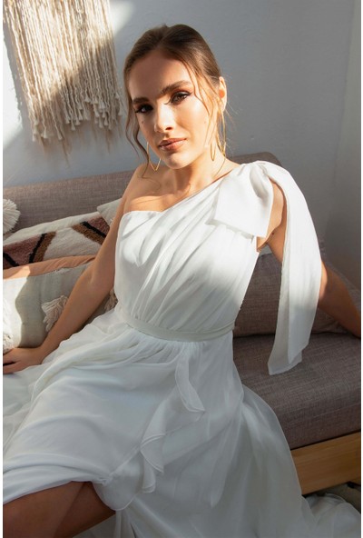 Carmen Ekru Şifon Tek Omuzlu Uzun Abiye Nikah Elbisesi