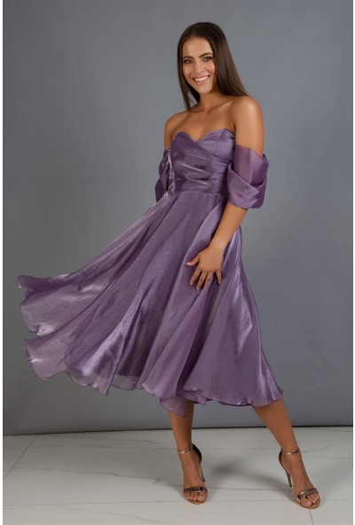 Carmen Lavanta Düşük Kollu Organze Nişan Abiye Elbise