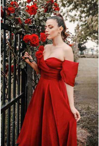 Carmen Bordo Düşük Kollu Organze Nişan Abiye Elbise