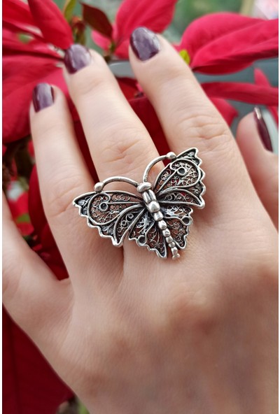 Fildişi Aksesuar Antik Gümüş Kaplama Kelebek Şekilli El Yapımı Ayarlanabilir Yüzük