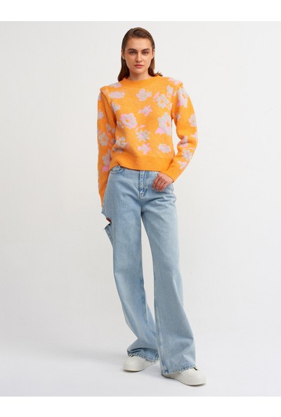Dilvin 1244 Bisiklet Yaka Çiçek Desen Kazak-Turuncu Dilvin 1244 Bisiklet Yaka Çiçek Desen Kazak-Turuncu
