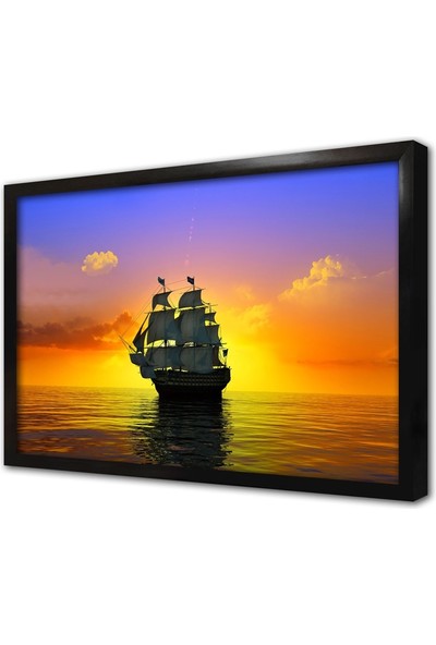 Tablosan Gün Batımında Yelkenli Çerçeveli Cam Tablo