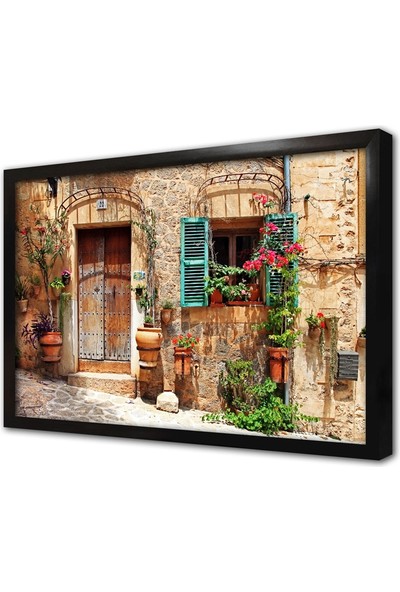Tablosan Akdeniz Taş Evleri Çerçeveli Cam Tablo