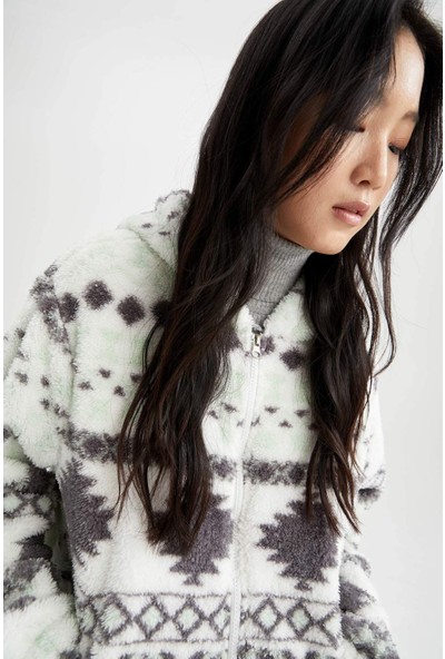 DeFacto Relax Fit Kapüşonlu Etnik Desenli Uzun Kollu Pelüş Hırka X6729AZ21CW