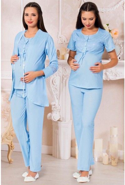 Hayal Sepeti Açık Mavi Renk, JNK-25958 3 Lü ve Sabahlıklı Lohusa Hamile Pijama Takımı