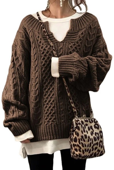 Farfi Örme Büküm Desen Kadın Kazak - Kahverengi (Yurt Dışından)