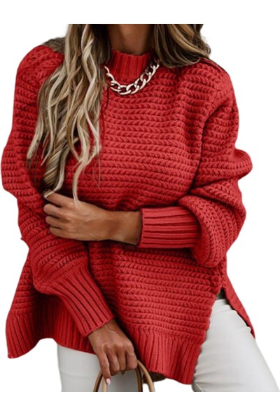 Farfi Yırtmaçlı Kadın Kazak - Kırmızı (Yurt Dışından)