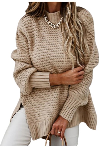 Farfi Yırtmaçlı Kadın Kazak - Haki (Yurt Dışından)