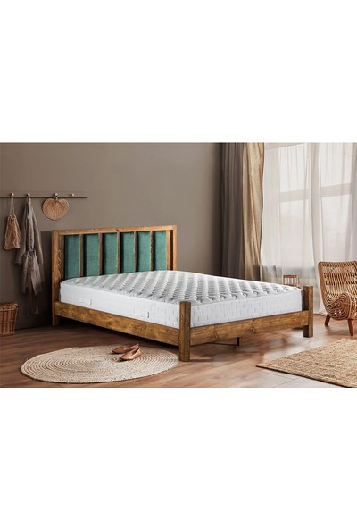 Renazzo Mobilya Orıon Doğal Ceviz Renk Masif Çam Karyola Çağla Yeşili Puflu Başlık