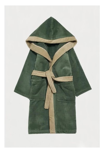 Helenito Çocuk Bornozu Kapüşonlu Kadife Kumaş Haki Renk