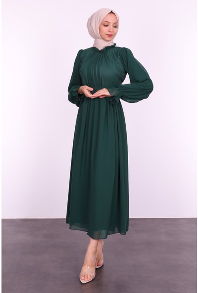 Ensa Tesettür Yakası Piliseli Şifon Elbise