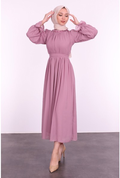 Ensa Tesettür Yakası Piliseli Şifon Elbise