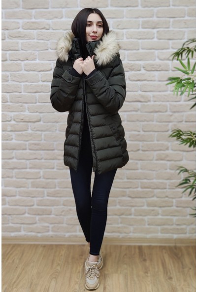 Pique Kadın YASMIN22 Yakası Suni Kürklü Çıkarılabilir Kapüşonlu Şişme Kaban