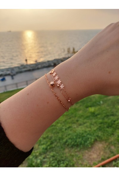 Noia Silver Çiçekli Çift Zincir Bileklik