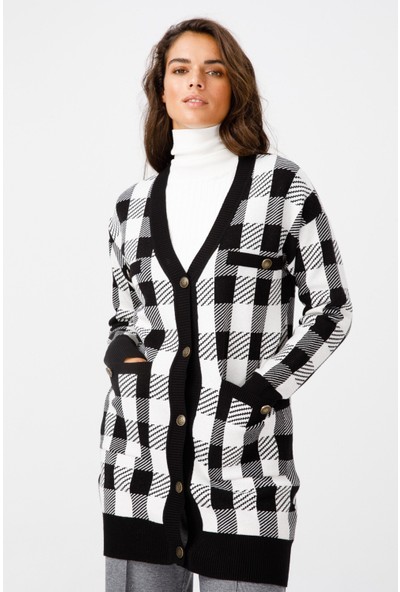 On Kadın Ekose Desenli Triko Hırka 53913