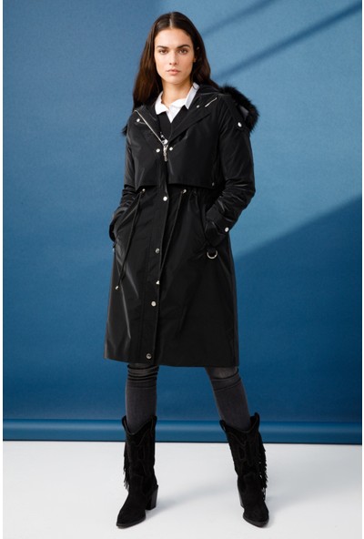 Ekol Kadın Kürk Kapüşonlu Parlak Kaban 7225 Ekol Kadın Kürk Kapüşonlu Parlak Kaban 7225