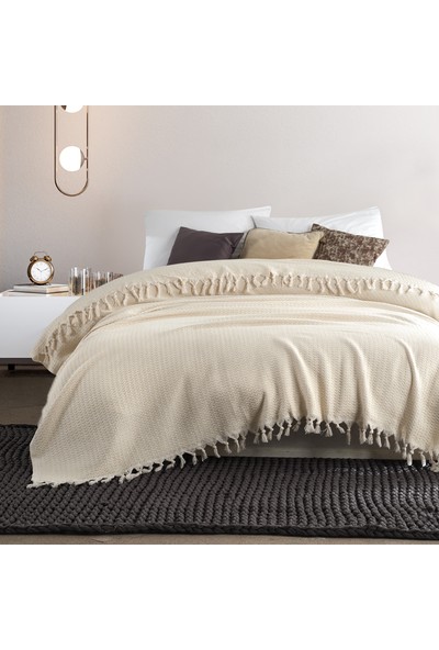 Piramit Çift Kişilik Yatak Örtüsü 200 x 230 cm Pike Pamuklu Koltuk Kanepe Örtüsü Püsküllü