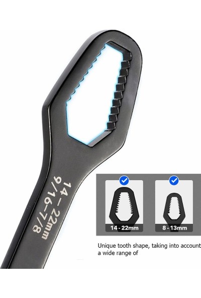Aksh 8 - 22 mm Evrensel Iki Ağızlı Açık Kapalı Anahtar Ayarlanabilir Çift Kafa Universal Torx Anahtarı Siyah