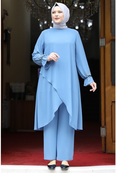 Amine Hüma Azra Tunik Pantolon Ikili Tesettür Takım Bebe Mavisi Amine Hüma Azra Tunik Pantolon Ikili Tesettür Takım Bebe Mavisi