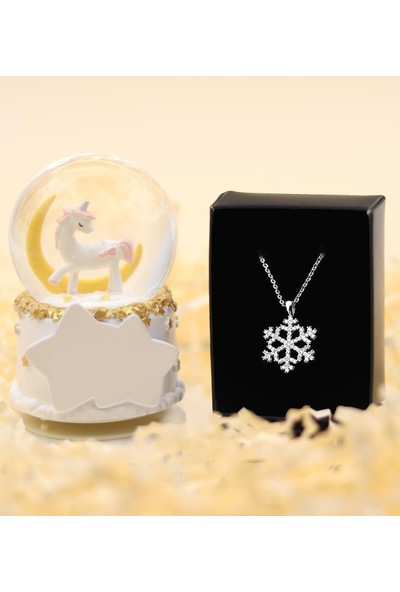 VegaGiftShop Unikorn Işıklı Kar Küresi & Kar Tanesi Kolye Hediye Seti