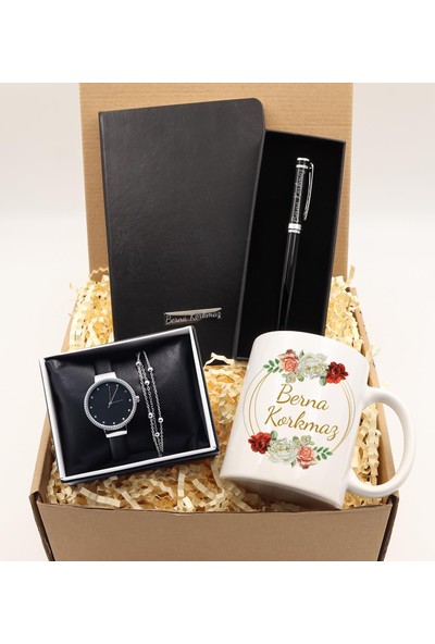 VegaGiftShop Kişiye Özel Kupa & Siyah Renk Kadın Kol Saati & Gümüş Renk Bileklik & Defter & Füme Dolma Kalem Hediye Seti VegaGiftShop Kişiye Özel Kupa & Siyah Renk Kadın Kol Saati & Gümüş Renk Bileklik & Defter & Füme Dolma Kalem Hediye Seti