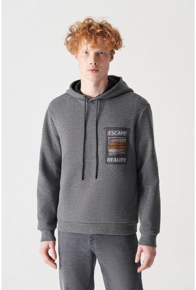 Avva Erkek Koyu Gri Kapüşonlu Yaka Baskılı Sweatshirt A12Y1074