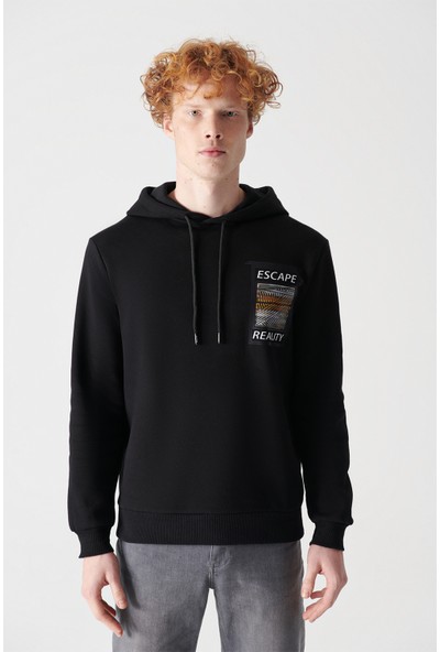 Avva Erkek Siyah Kapüşonlu Yaka Baskılı Sweatshirt A12Y1074 Avva Erkek Siyah Kapüşonlu Yaka Baskılı Sweatshirt A12Y1074