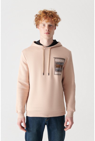 Avva Erkek Bej Kapüşonlu Yaka Baskılı Sweatshirt A12Y1074