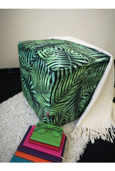Tataroğlu Dijital Kumaş Çocuk Odası Puf Siyah Zemin Üzerine Yeşil Yaprak Desenli Puf Dekoratif Puf Ayakucu Pufu