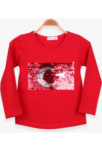 Breeze Kız Çocuk Uzun Kollu Tişört Pullu Ay Yıldız Kırmızı (4-12 Yaş)
