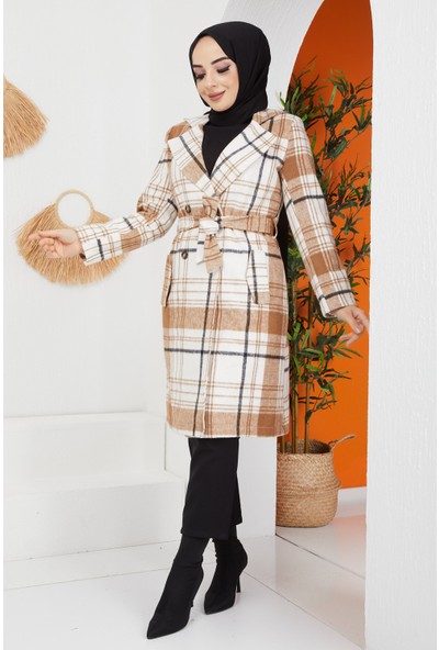 İmaj Butik Ekose Desenli Kaşe Kaban/vizon İmaj Butik Ekose Desenli Kaşe Kaban/vizon