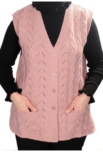 Fresh Moda Kadın Pudra V Yaka Zincir Örgü Yün Triko Anne Yelek - Pudra Fresh Moda Kadın Pudra V Yaka Zincir Örgü Yün Triko Anne Yelek - Pudra