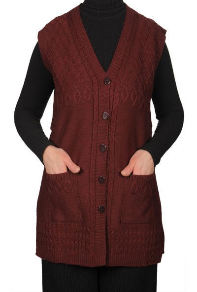 Fresh Moda Kadın Bordo Düğmeli Yelek - Bordo Fresh Moda Kadın Bordo Düğmeli Yelek - Bordo