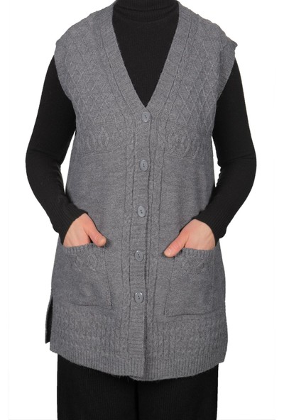 Fresh Moda Kadın Gri Düğmeli Yelek - Gri