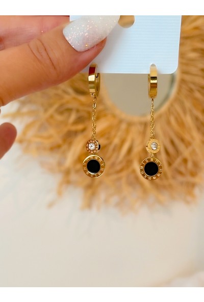 Wise Kadın Çelik 2 Li Roma Rakamlı Sallantılı Altın Küpe