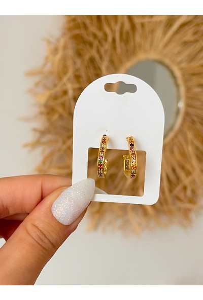 Wise Kadın Çelik Kalpli RENkli Taşlı Altın Küpe