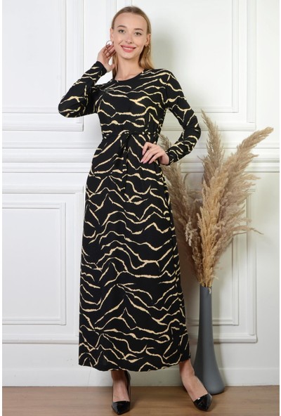 Pinkmark Kadın Suyolu Desen Baskılı Siyah Bej Krep Elbise PMEL25384